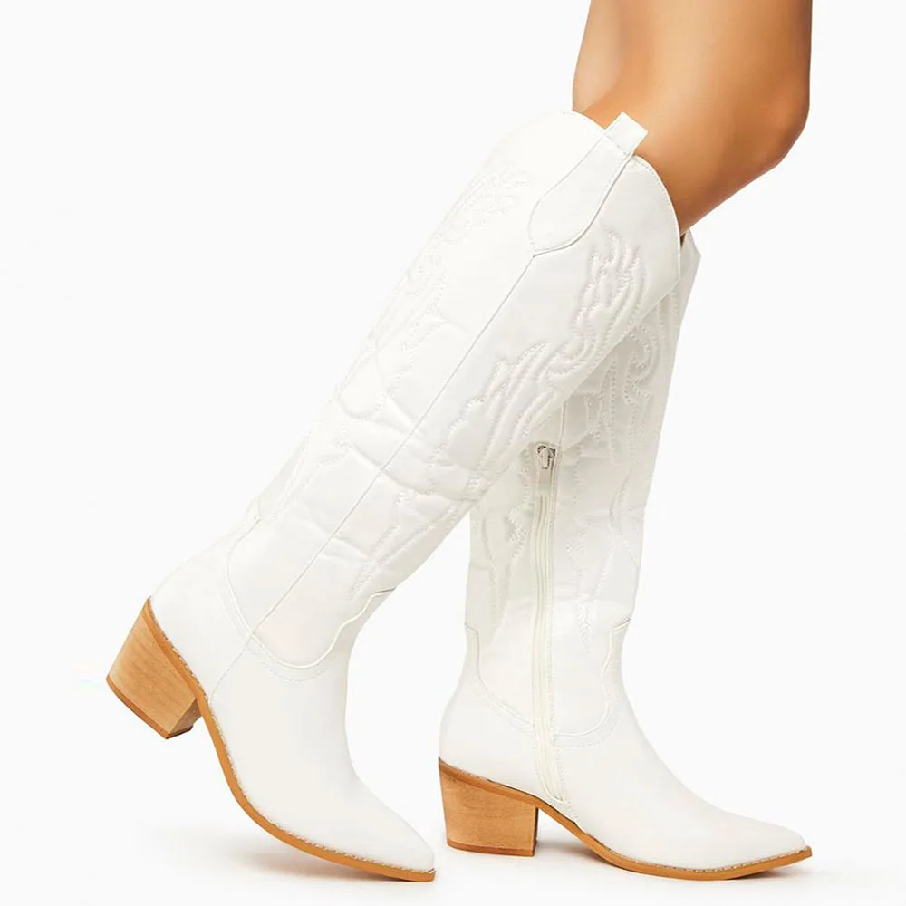 Botas-vaqueras-bordadas-con-punta-puntiaguda-para-mujer-zapatos-blancos ...