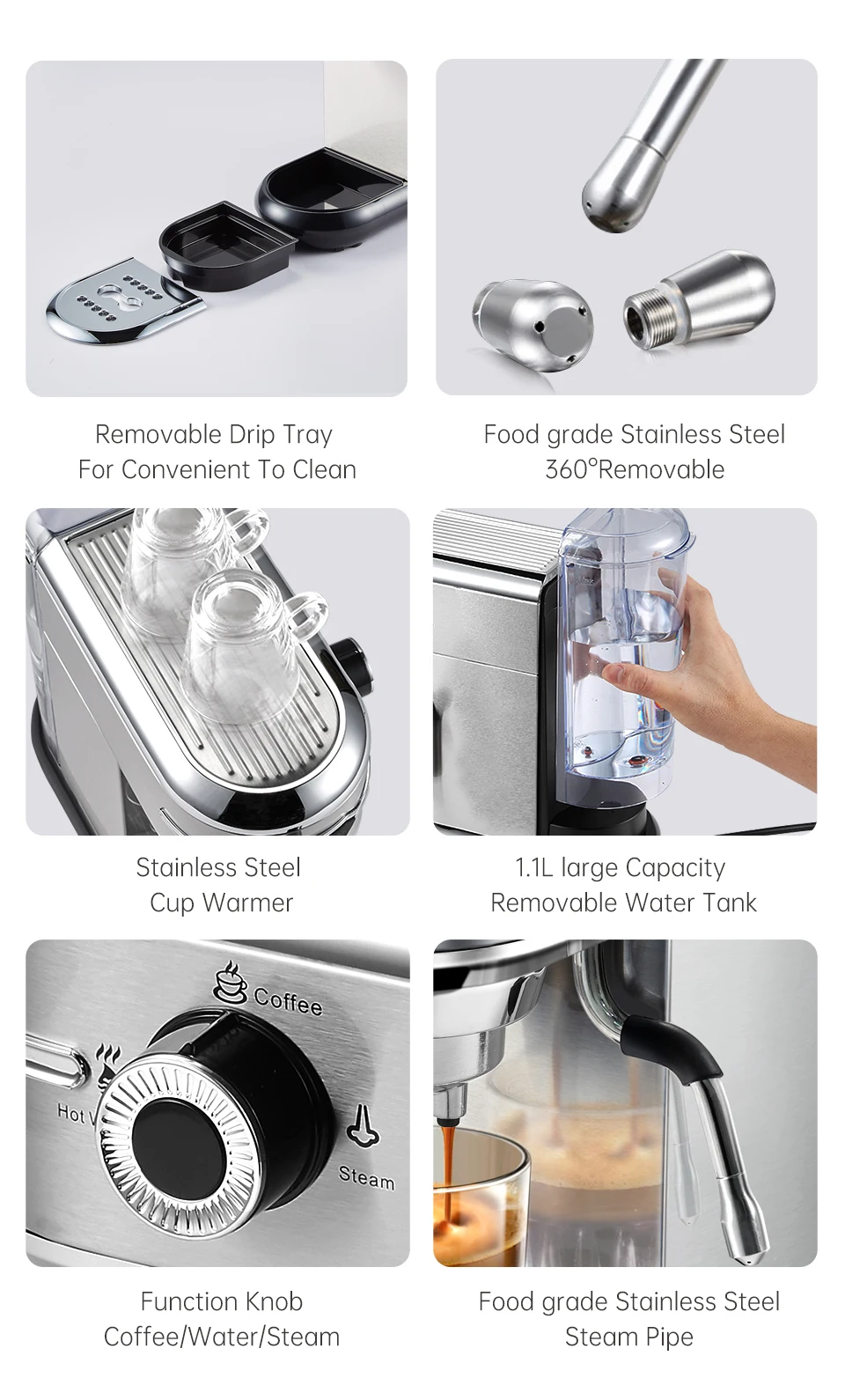 HiBREW H11 Sliver - Coffee Machine Cafetera 19 Bar inox Semi Automatic ...