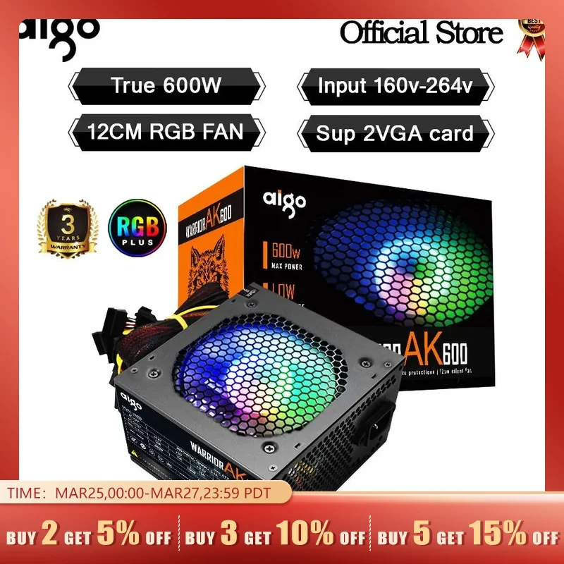 Aigo AK 600W PC PSU Power Supply Unit Black Gaming Quiet 120mm RGB Fan 24pin 12V ATX Desktop ...
