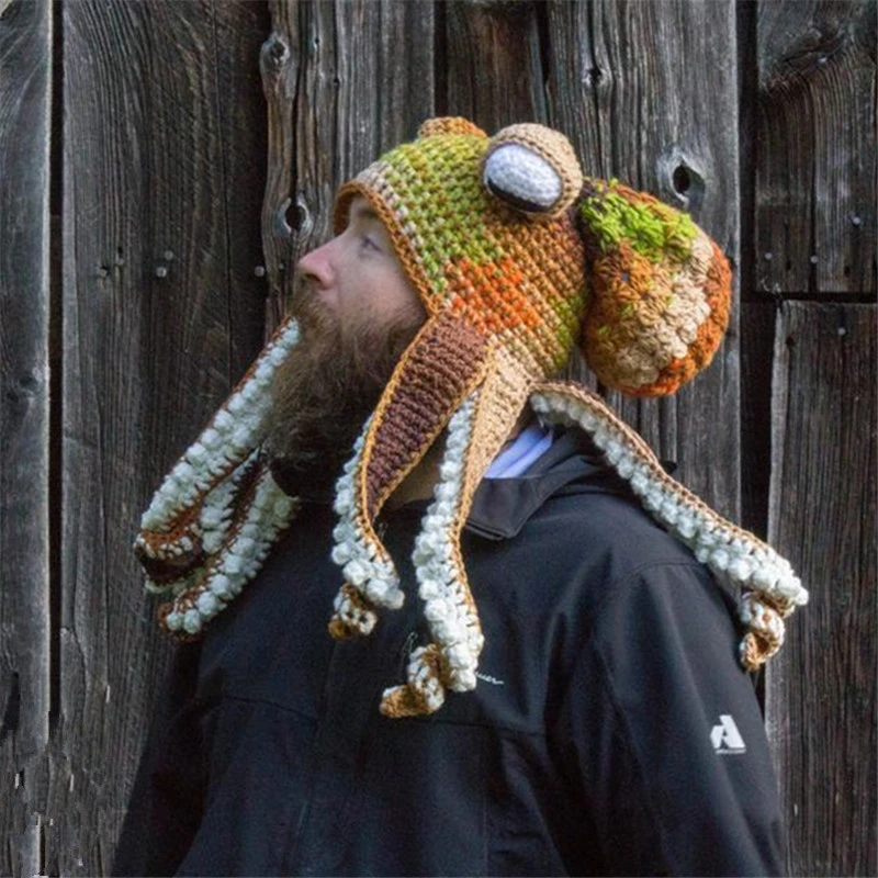 Octopus Beard Hand Weave Knit Wool Hats Men Christmas Cosplay Party ...
