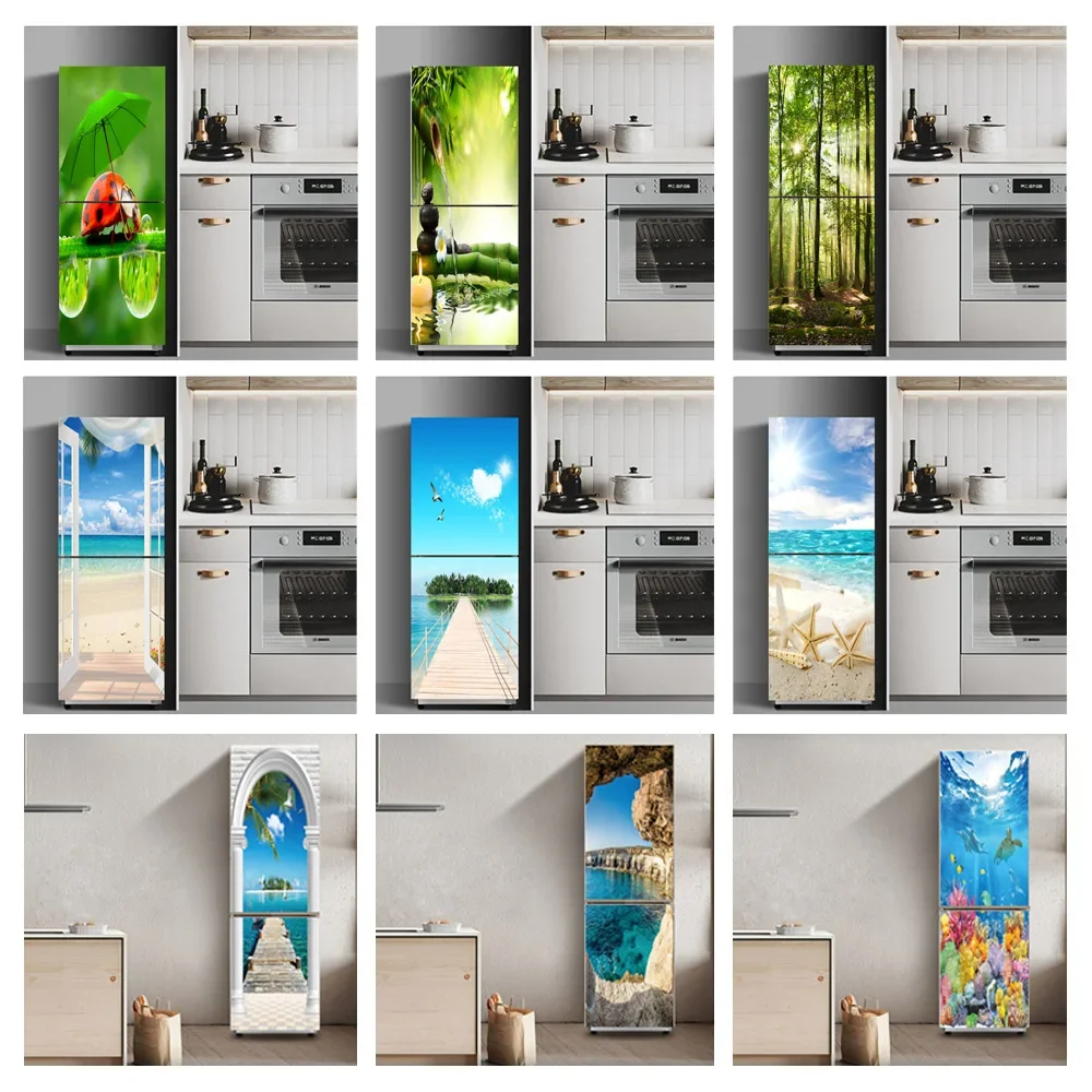 Landscape-Fridge-Stickers-Refrigerator-Cover-Door-Plant-Sea-Vinyl-Self ...