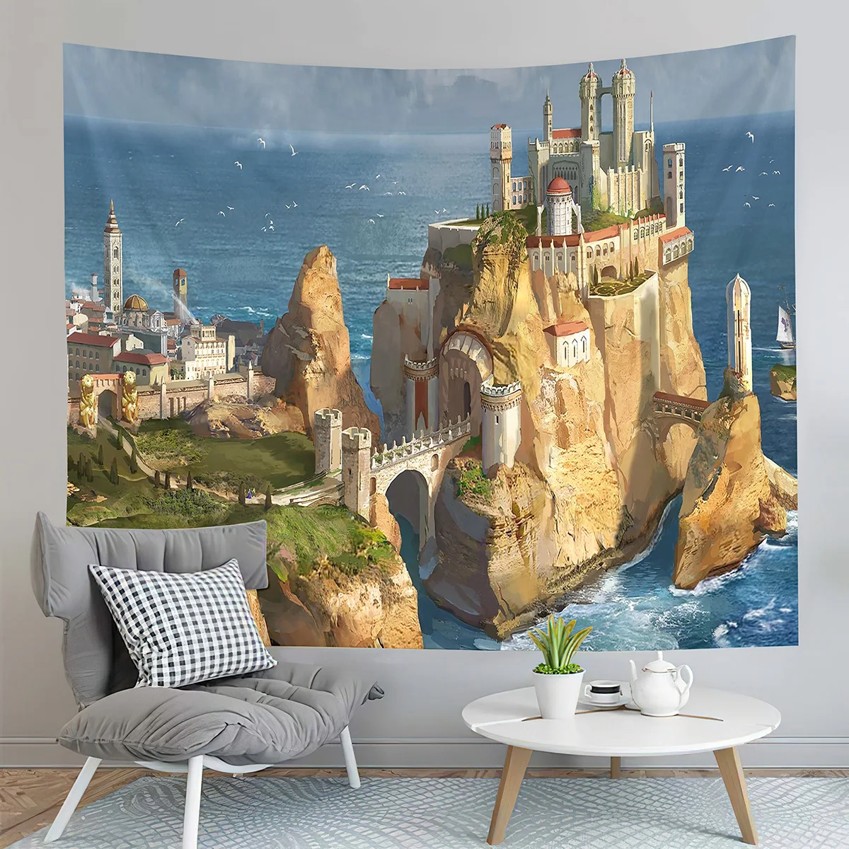 Fantasy-Cartoon-Castle-Tapestry-Seaside-Reef-Tapestry-Land-and-Ocean ...