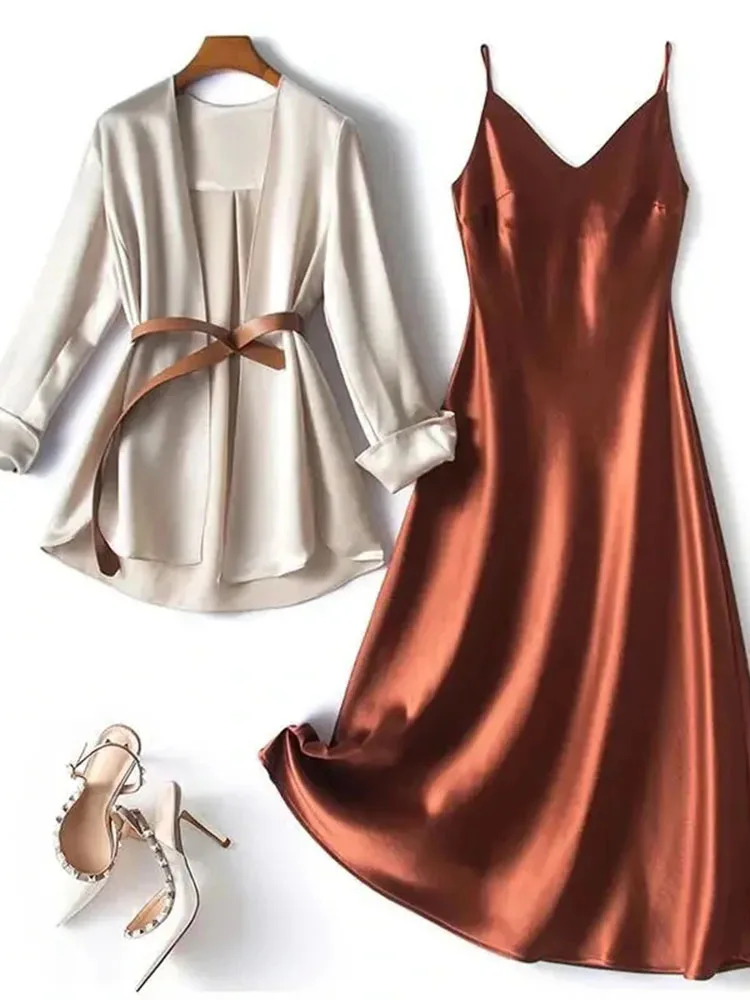 High-Quality-Satin-Suit-Women-Dress-Two-Piece-Set-Elegant-V-Neck-Sexy ...