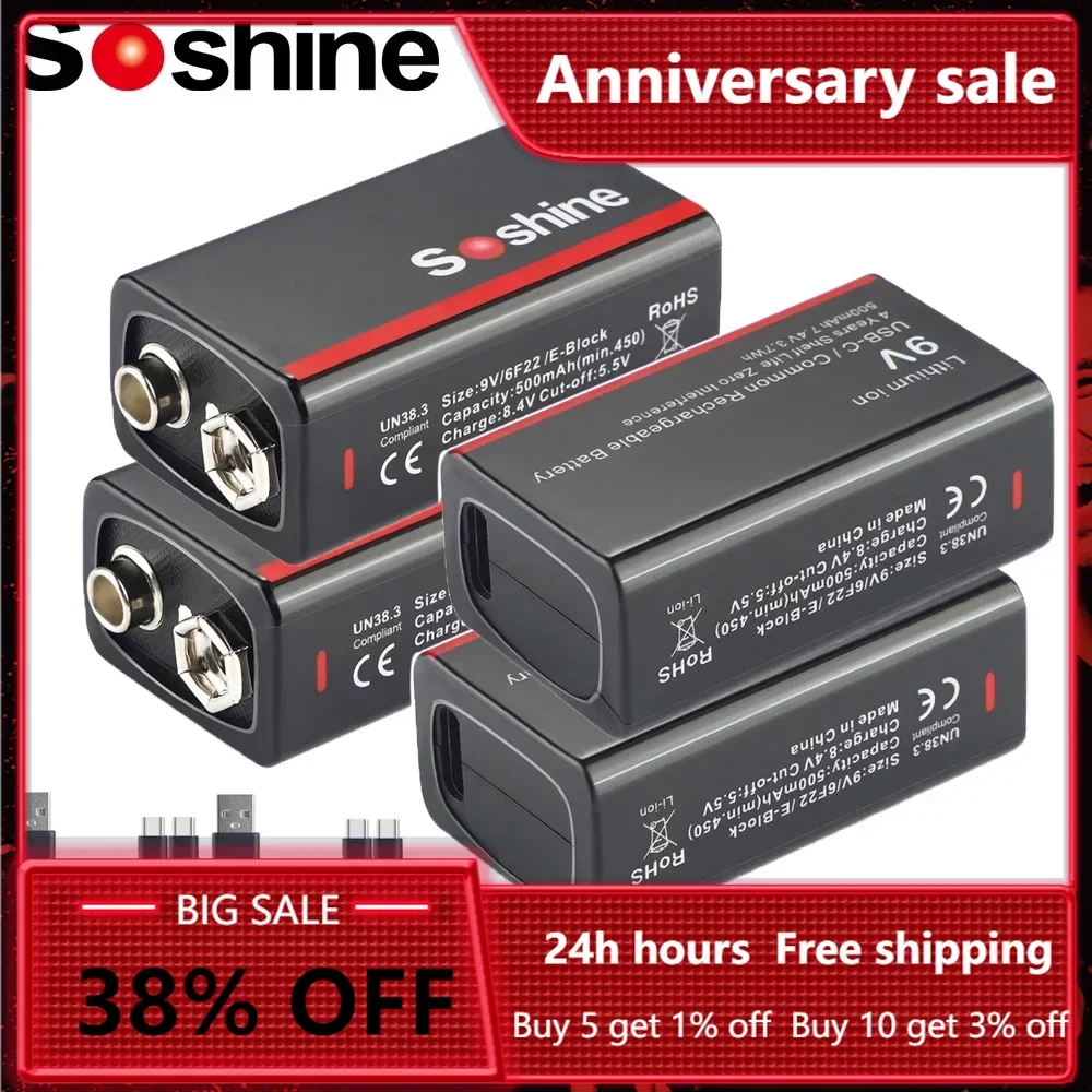 Soshine-Usb-Lithium-Ion-Batterij-9V-500Mah-Lage-Zelfontlading-Li-Ion-Oplaadbare-Batterijen-4 ...