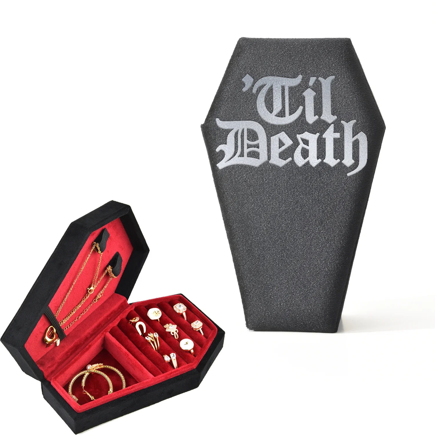 TAIMY Velvet Coffin Jewelry Box Til Death Skull Gothic Ring Necklace ...