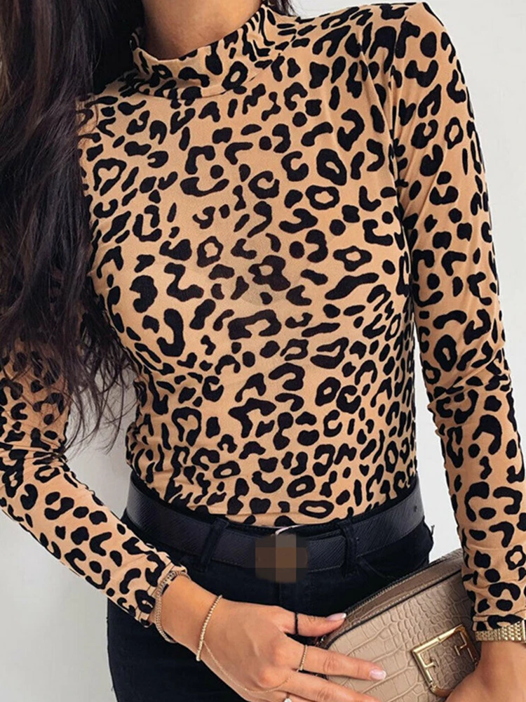 Women Blouses Fashion Leopard Print Turtle Neck Blouse Autumn Long ...