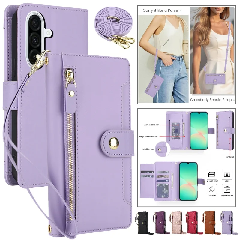 Lanyard Leather Zip Wallet Phone Case for Samsung Galaxy A17 A07 A56 ...