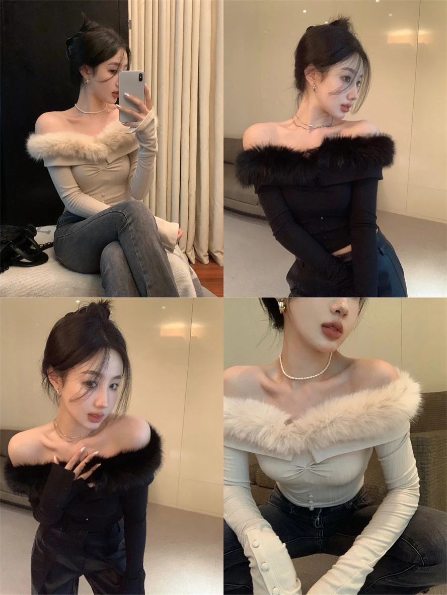 Spice-Girl-Off-Shoulder-Long-Sleeve-Knitted-Undercoat-Women-s-Autumn-and-Winter-Sexy-Off ...