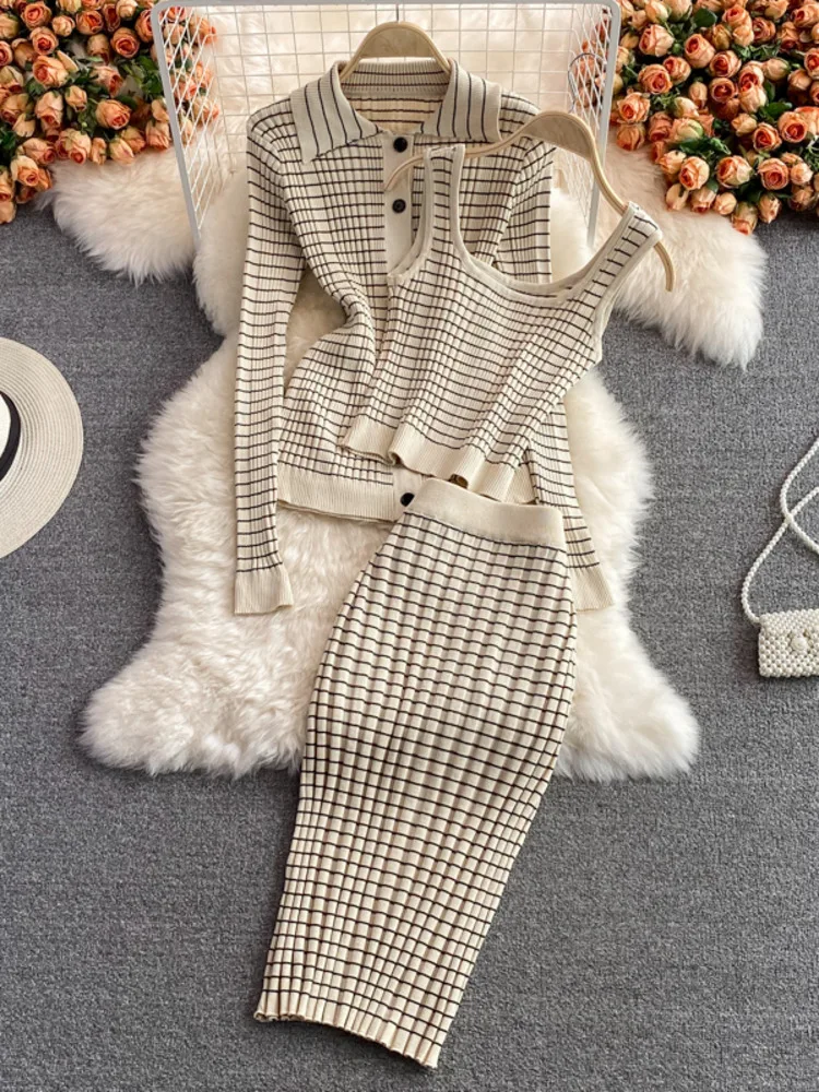 Korean-Fashion-Knitting-3-Pieces-Set-Women-Knitted-Sling-Cardigan-And ...