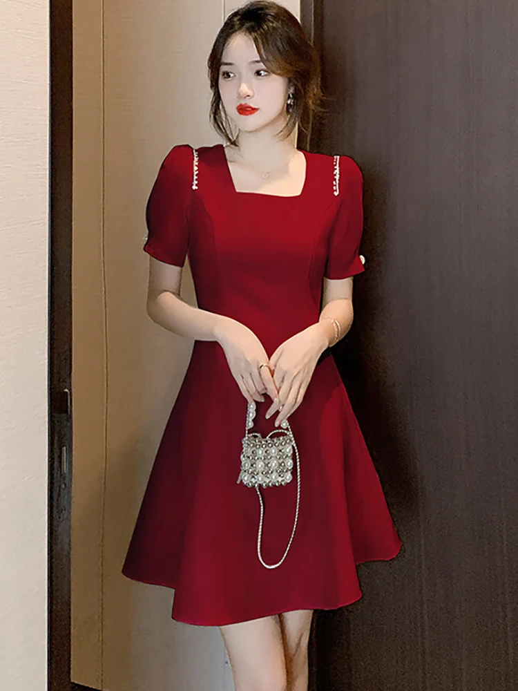 2023-Red-Chic-Diamonds-Square-Collar-Mini-Dress-Women-Black-Elegant ...