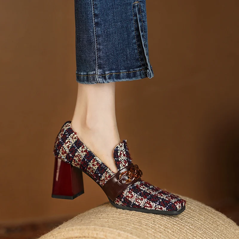 Shoes-7CM-Vintage-Elegant-High-Heels-Dress-Women-Knit-Slip-On-Square ...