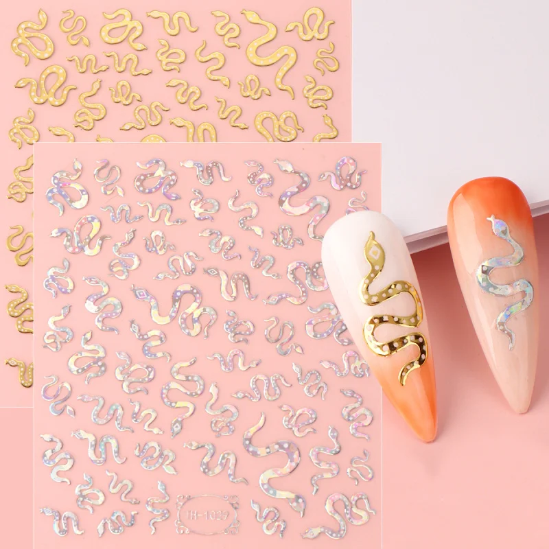 2pcs Y2K Snake Nail Stickers Laser Sliver Golden Black Snakes Animal ...