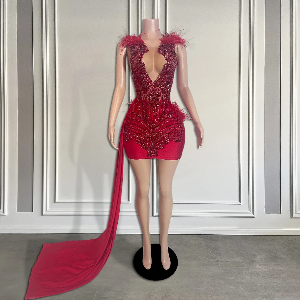 Luxury-Red-Diamond-Short-Prom-Dress-with-Side-Train-Black-Girks-Sexy ...