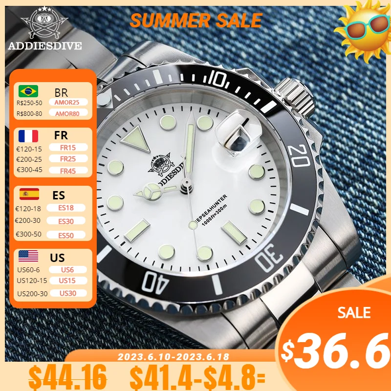 Addiesdive New Quartz Watches 316l Stainless Steel Blue Luminous 30bar ...