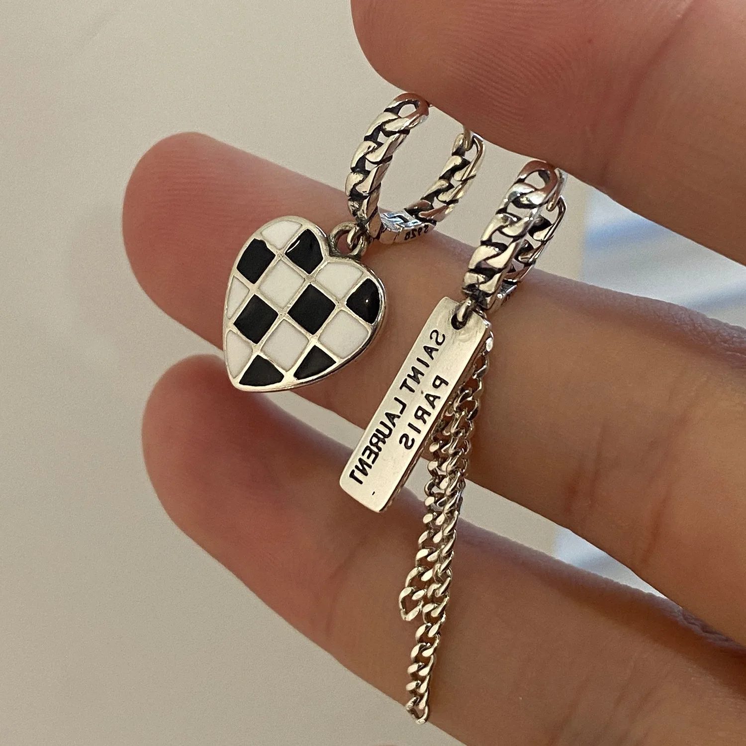 WEIYUE-S925-Sterling-Silver-Black-and-White-Plaid-Asymmetrical-Earrings-Female-Retro-Tassel ...