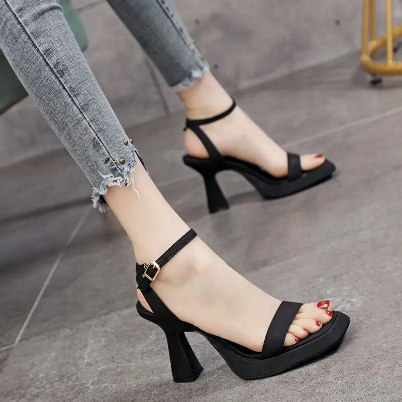 Sandalias de plataforma para mujer, zapatos de tacón alto cuadrado, banda estrecha, estilo ...