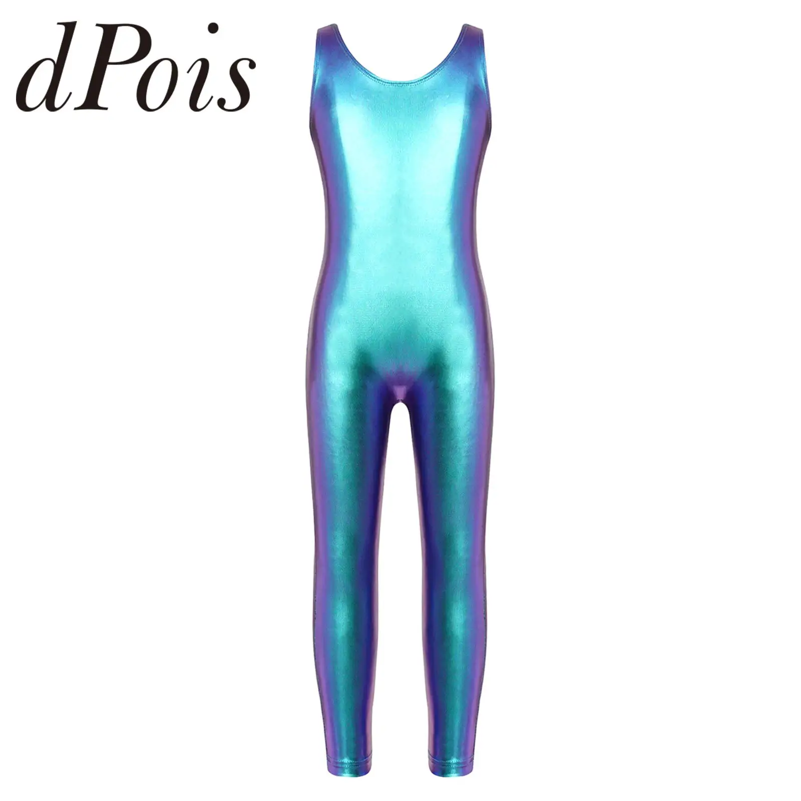 Girls Sleeveless Glossy Skating Dance Jumpsuit Shiny Ballet Gymnastics ...