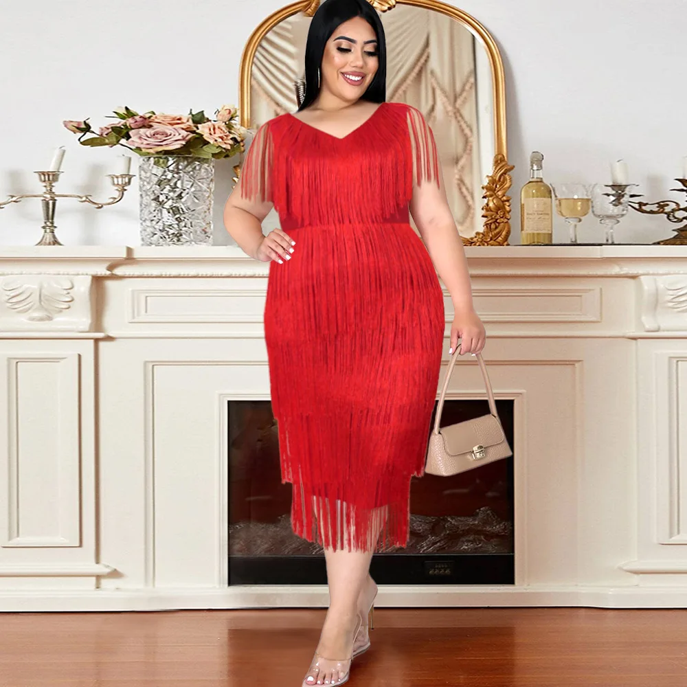 Sexy V Neck Sleeveless Patchwork Red Tassel Dress Night Club Evening ...