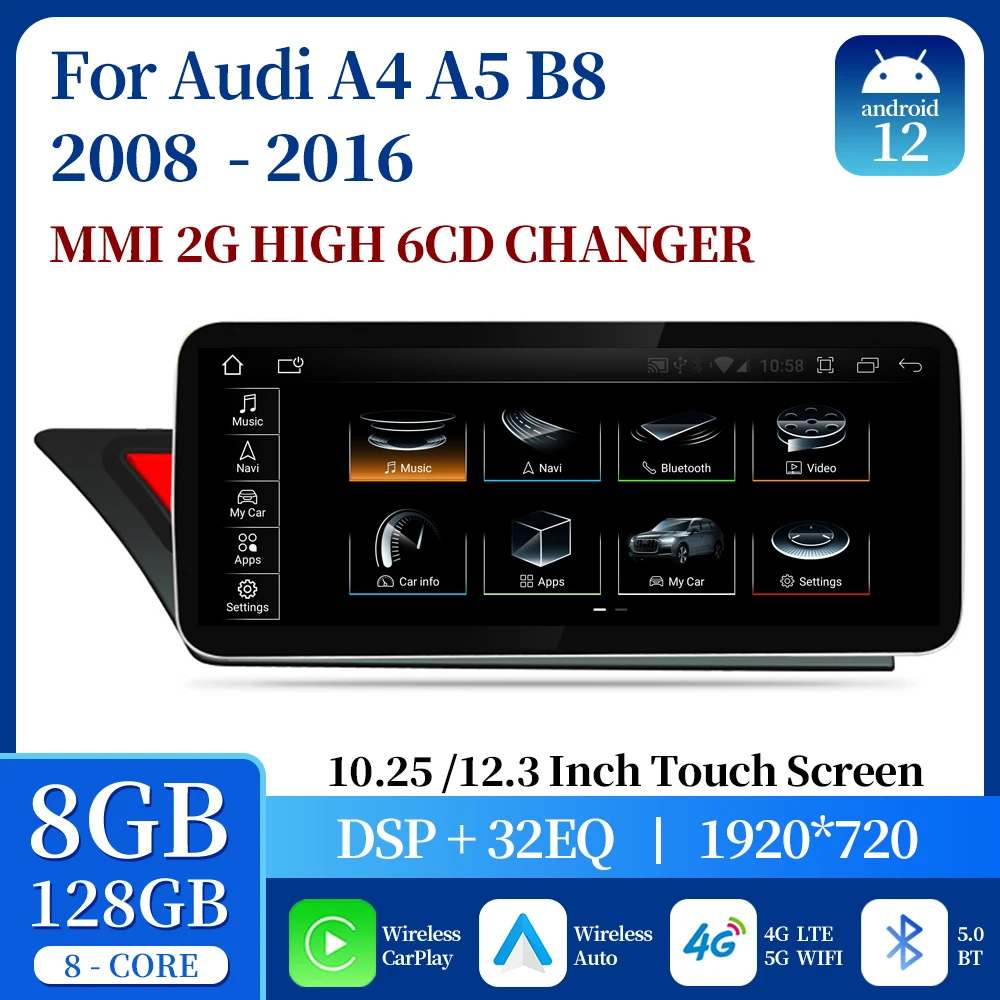 For Audi A4 B8 A5 2008 2009 2010 MMI 2G High CD Changer Android12 Car Screen Player GPS ...