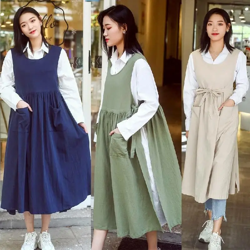 Simple Plus Size Side Open Florist Cotton Linen Aprons Gardening Coffee ...