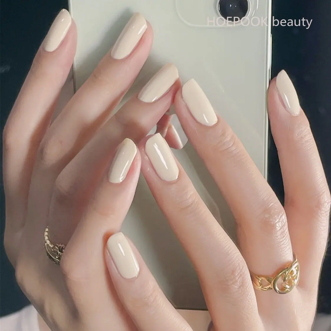 24Pcs Medium Length Off White Wearing False Nails Art Solid Color Simplicity Full Cover ...