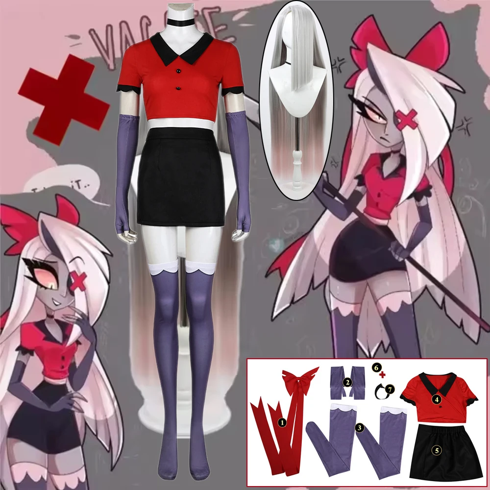 Vaggie Cosplay Costume Anime Hotel Uniform Hazbin Wig Red Suit ...