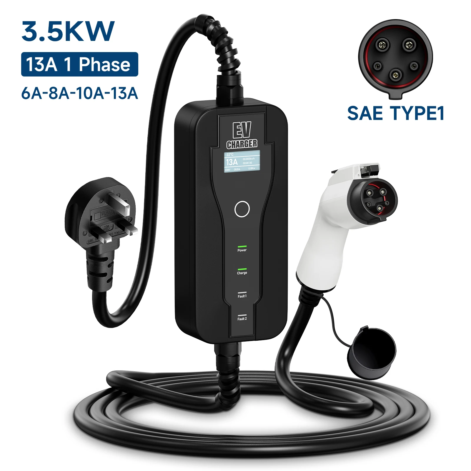3.5KW Portable EV Charger Type1 SAEJ1772 EVSE Charging Box 13A Current ...