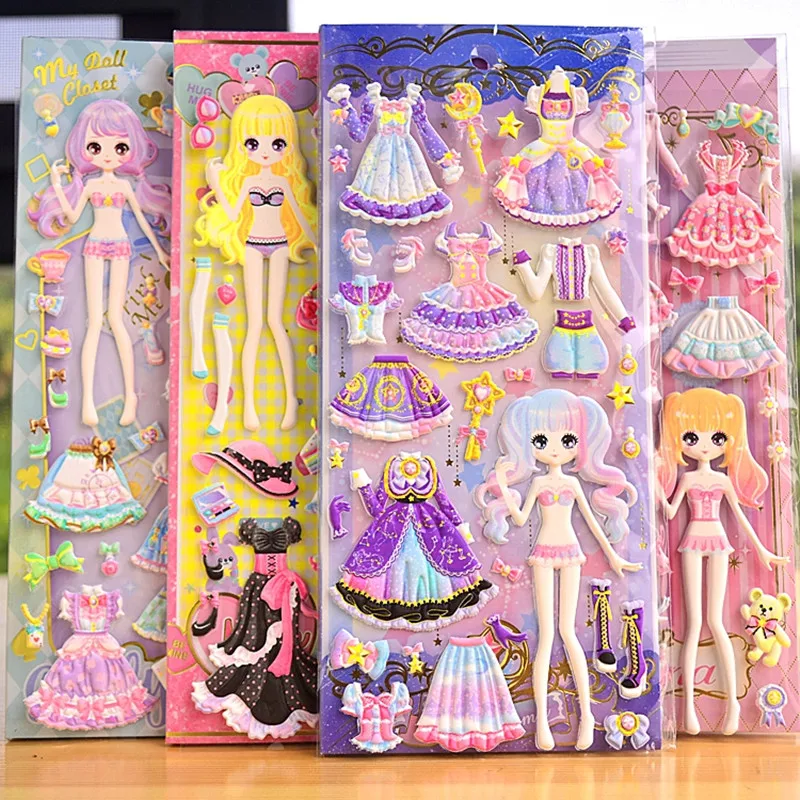 1Pcs-Kids-Dress-Up-Doll-Stickers-Double-Layer-3D-Princess-Cartoon-Label ...