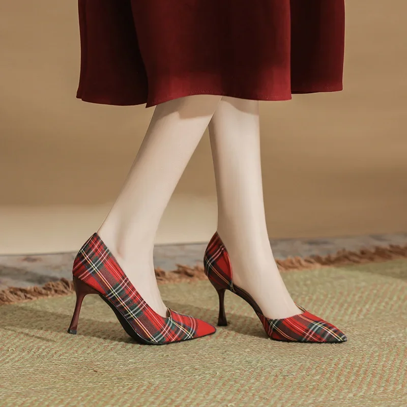 Size 31-44 Plaid Cloth Side Empty Pointed Toe Shallow Stiletto Heels ...