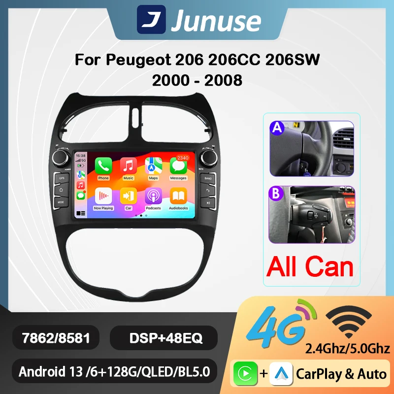 Junuse-Android-12-Carplay-Car-Radio-For-PEUGEOT-206-206CC-206SW-2001 ...