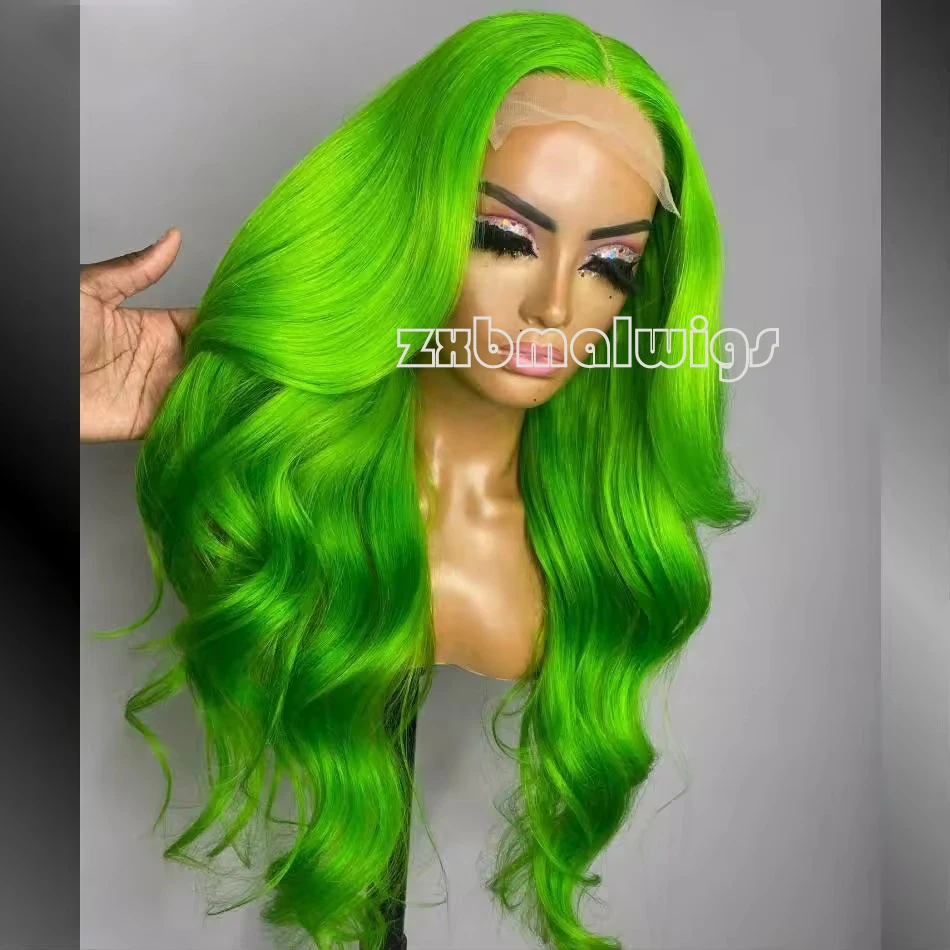 Synthetic Lace Front Wigs Grass Green Wavy Wig for Women Loose Wave ...