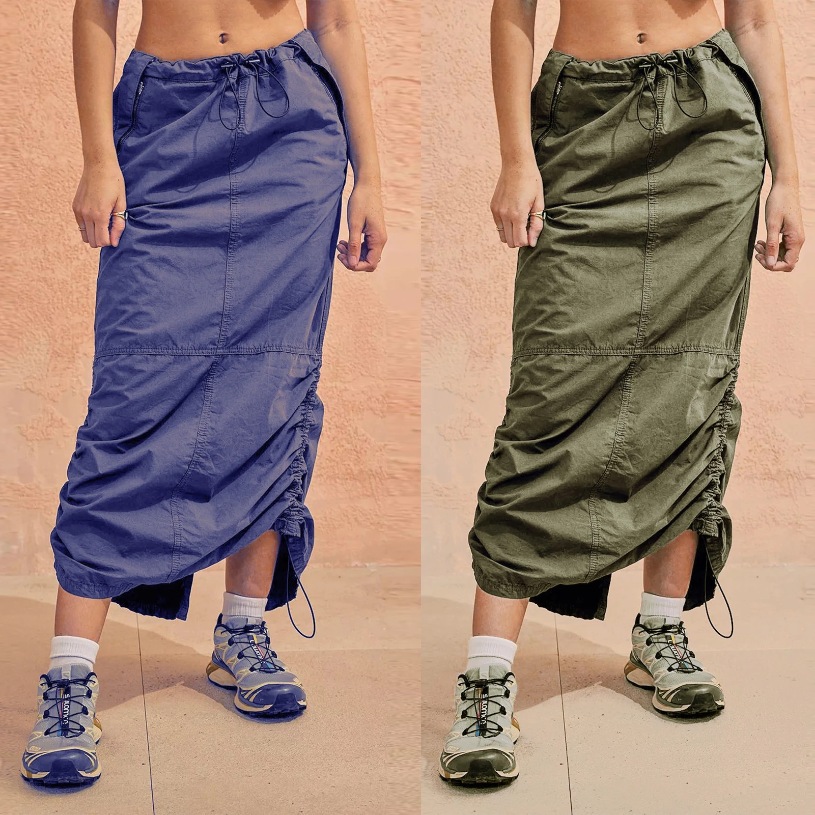 Drawstring-Ruched-Skirt-Low-Waisted-Ladies-Skirt-with-Pockets-Solid ...