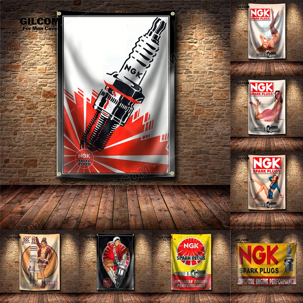 NGK Spark Plugs Banner Flag Poster Wall Art Decor AD Vintage Motor ...