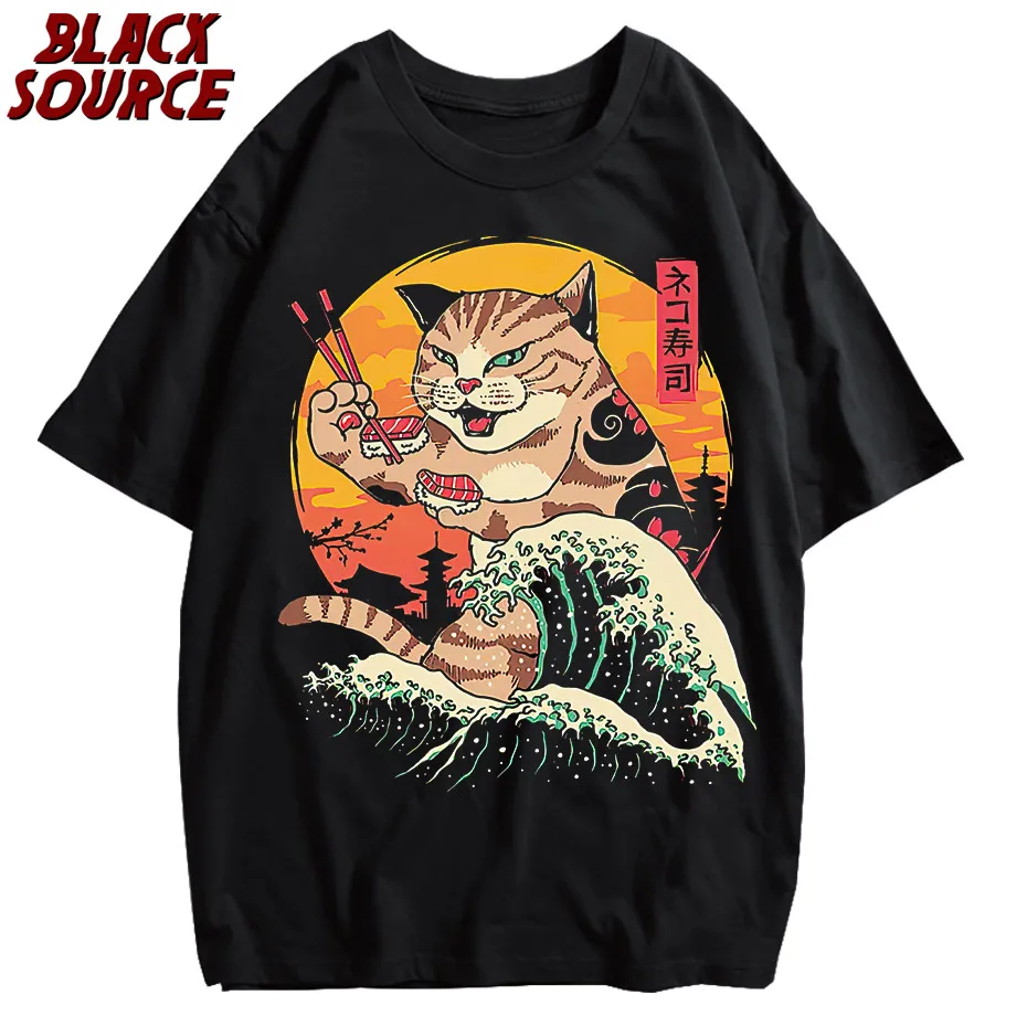 Men's T-shirt Basic Print Short Sleeve Anime Top Japanese Genki Cat ...