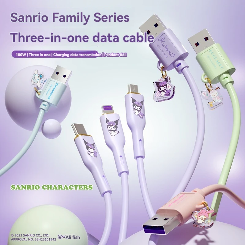 MINISO-Cable-de-carga-r-pida-Sanrio-3-en-1-Original-Kuromi-Hello-Kitty ...