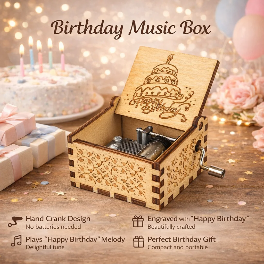 Wood Hand Crank Musical Box, Wooden music box, creative spring music ...