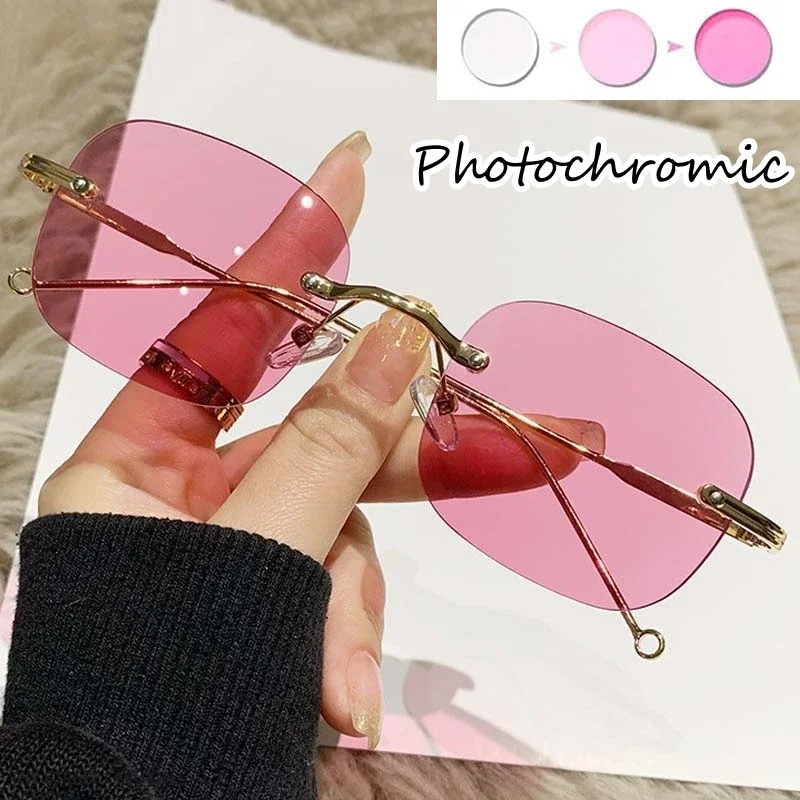 Ladies-Trendy-Rimless-Photochromic-Myopia-Glasses-Fashion-Design-Near ...