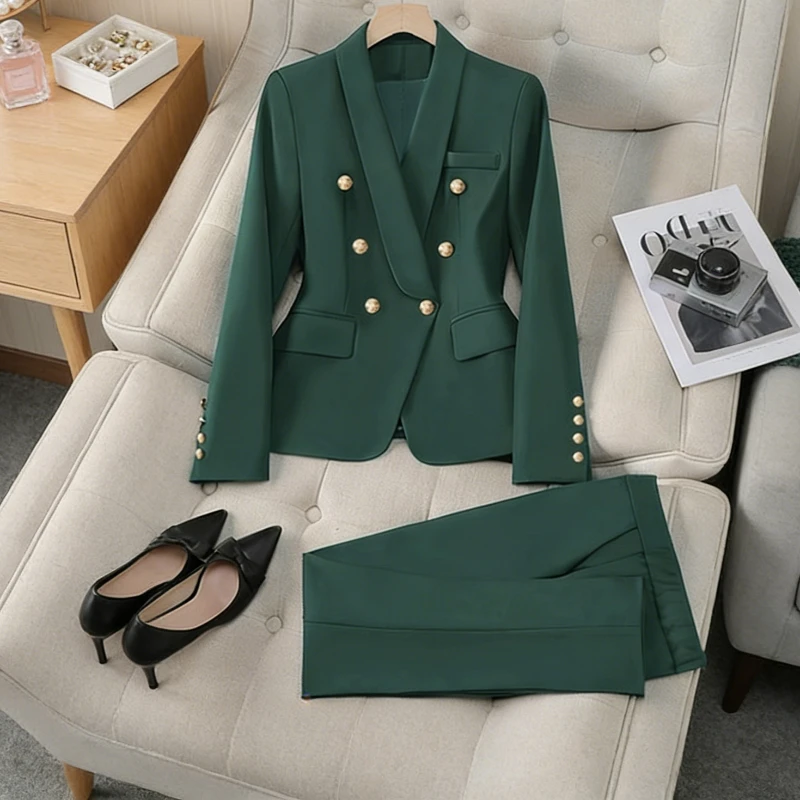 Stylish Green Two Piece Set Women Elegant Double Breasted Blazer with ...