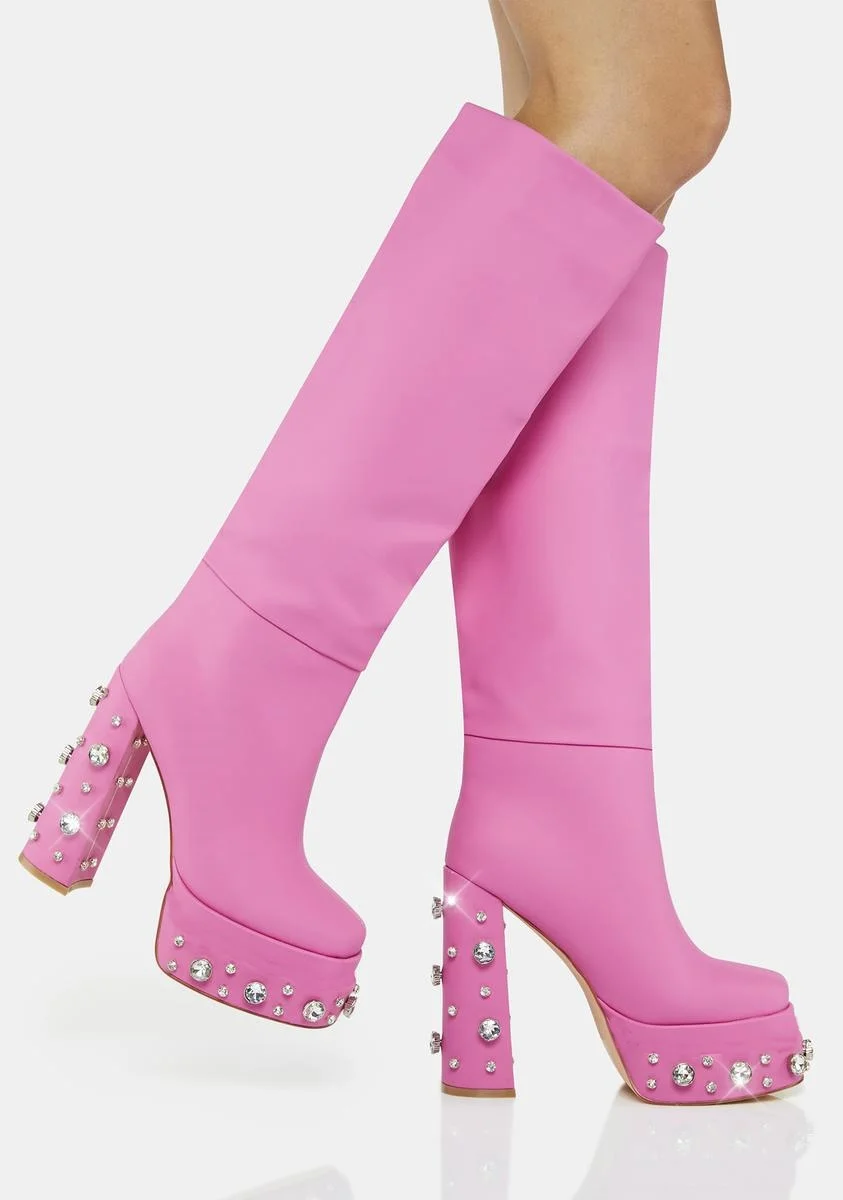Rhinestone-Gem-Platform-Pink-Knee-High-Boots-Women-Round-Toe-Chunky ...