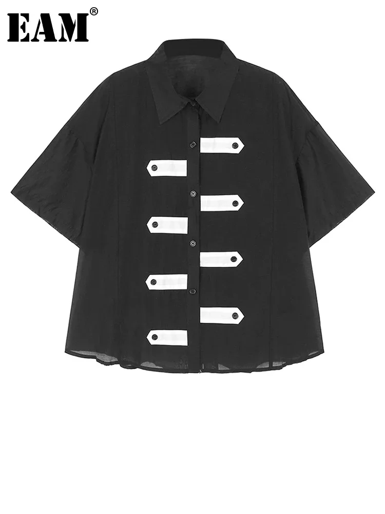 EAM-Women-Blue-Color-block-Patch-Big-Size-Casual-Blouse-New-Lapel-Short ...