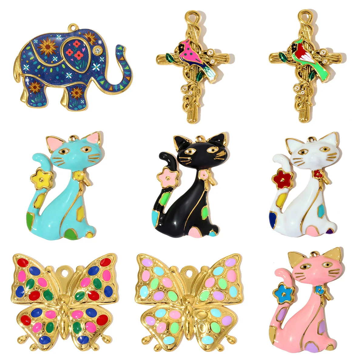 3pcs/Lot Cute Stainless Steel Painted Elephant Cat Necklace Pendant ...