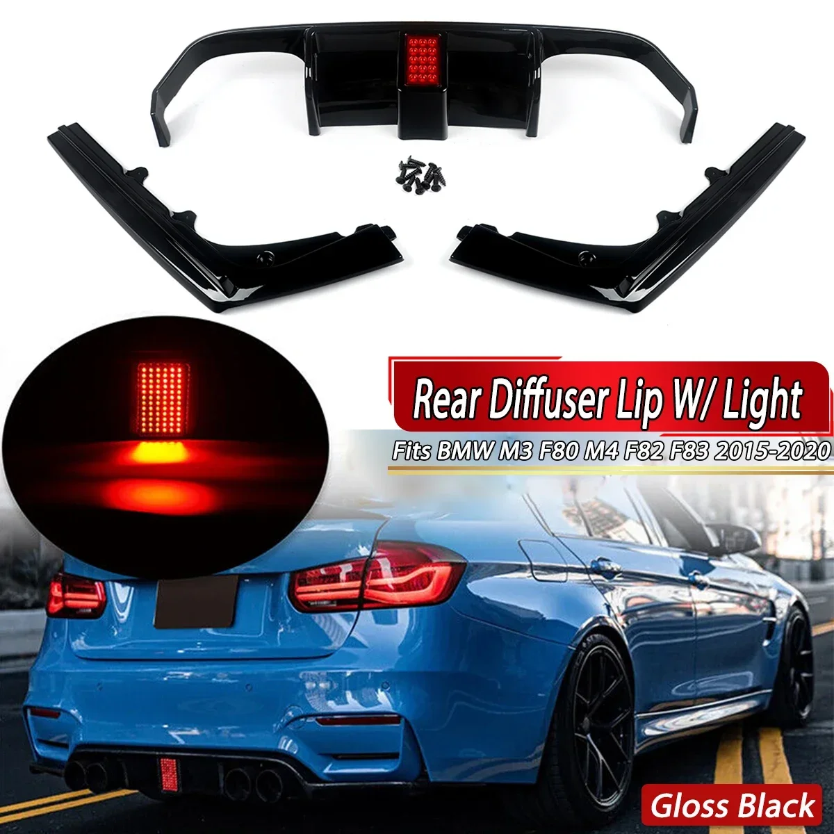 F80 F82 V Style Rear Bumper Diffuser with Led Light for BMW M3 F80 M4 ...