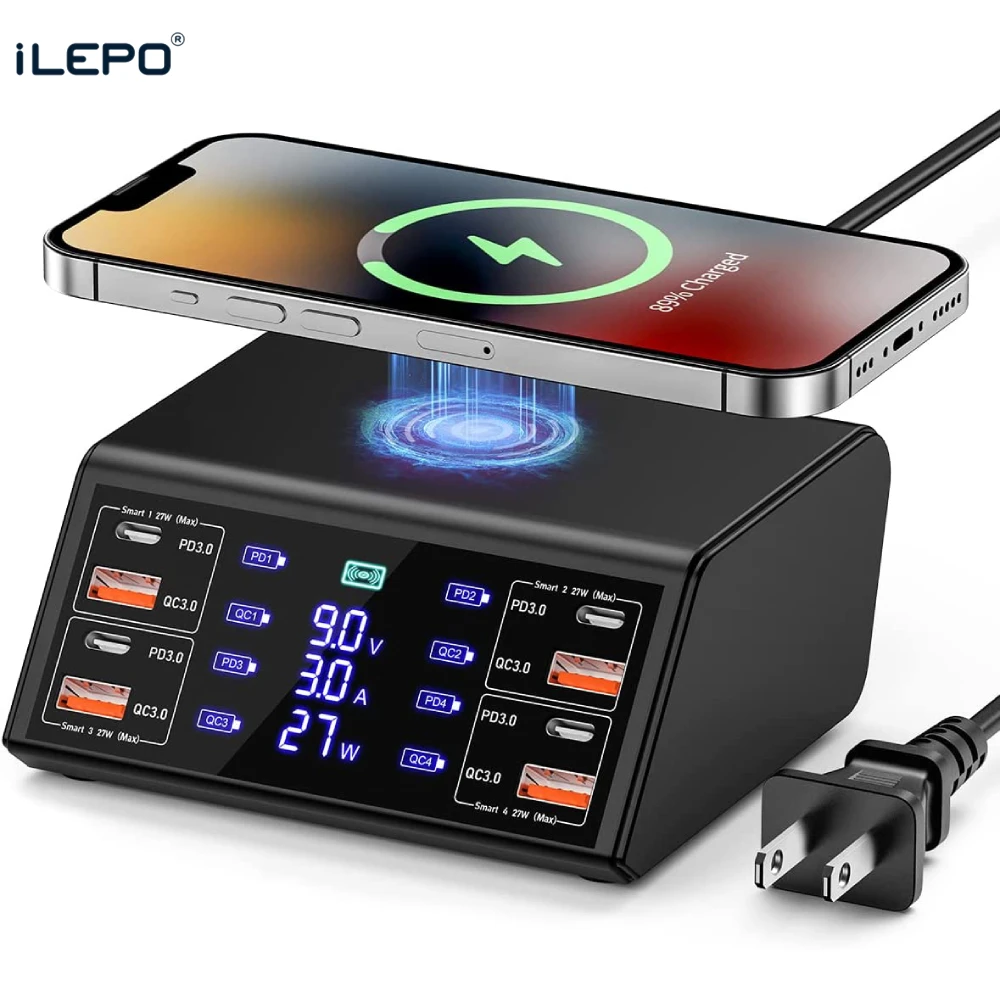 100W-8-Ports-USB-Charger-Station-With-Wireless-Charging-Digital-Display ...
