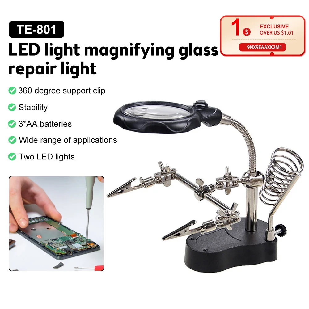 Hand-Clip-Clamp-LED-Magnifying-Glass-Soldering-Iron-Stand-Magnifier ...