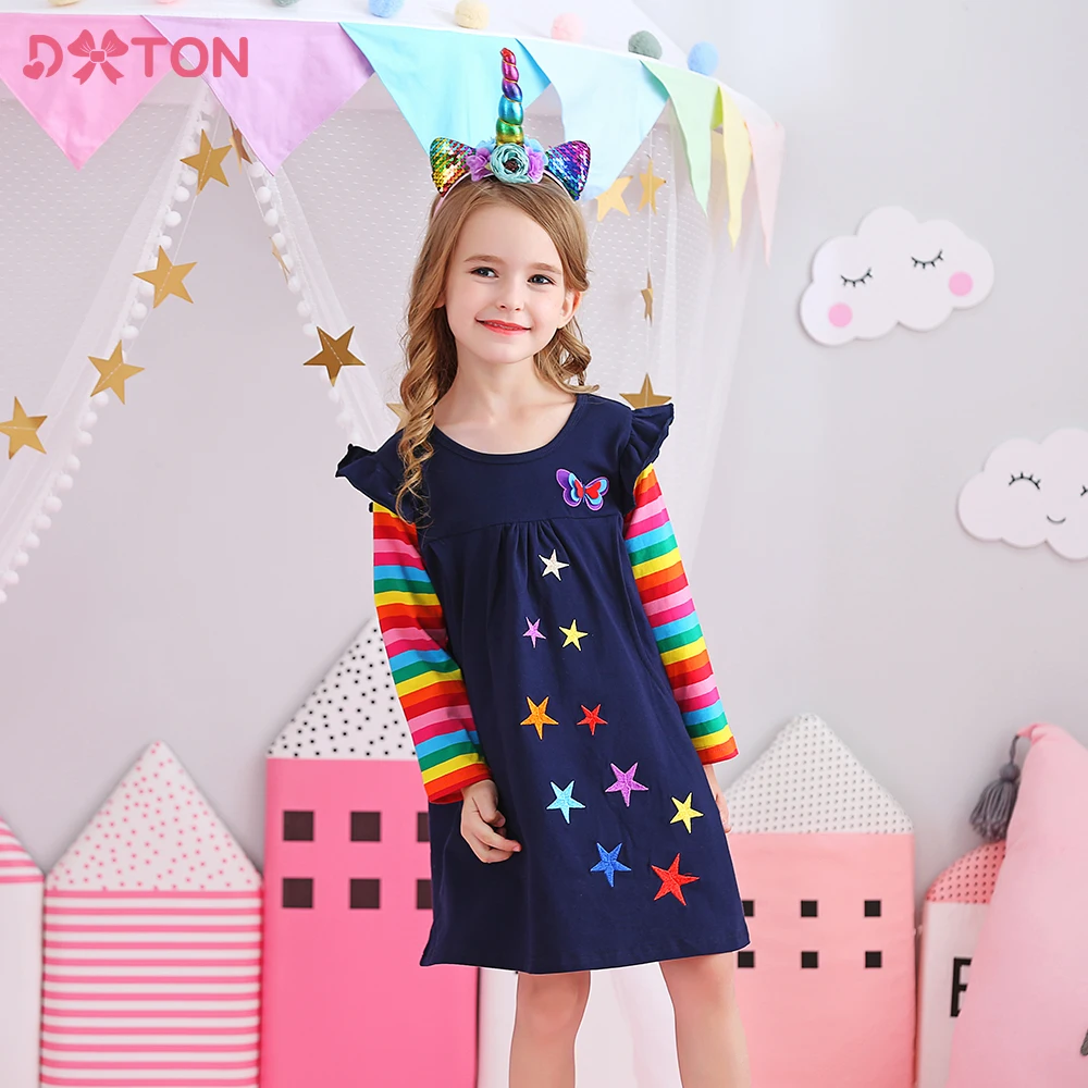 DXTON-Girl-Casual-Dress-Kids-Cotton-Dresses-Long-Sleeve-Straight-Dress ...