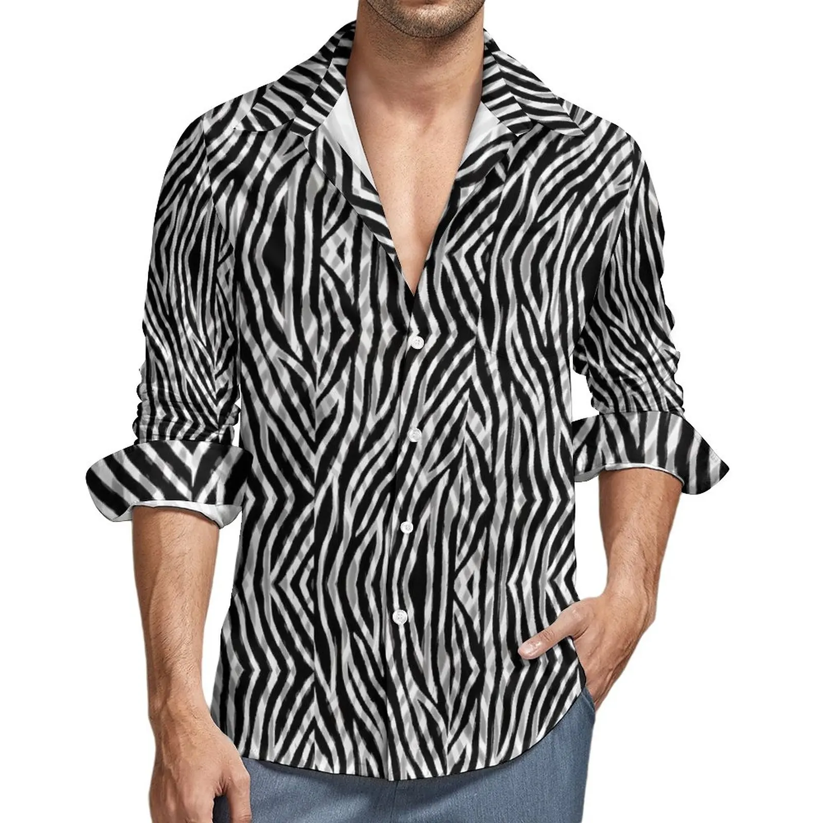 Tribal-Print-Shirt-Zebra-Stripe-Casual-Shirts-Long-Sleeve-Graphic ...