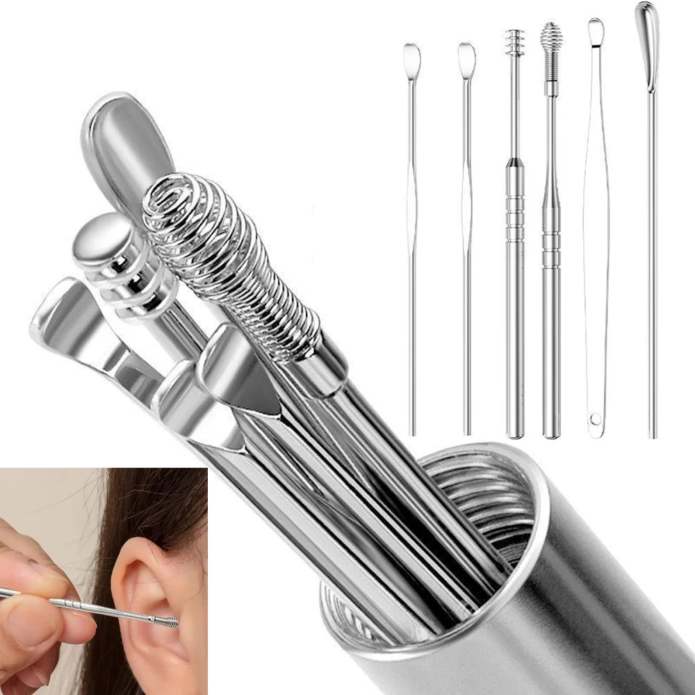 6/7Pcs Stainless Steel Earwax Collector Turn Spiral Ear Stick Cleaning ...