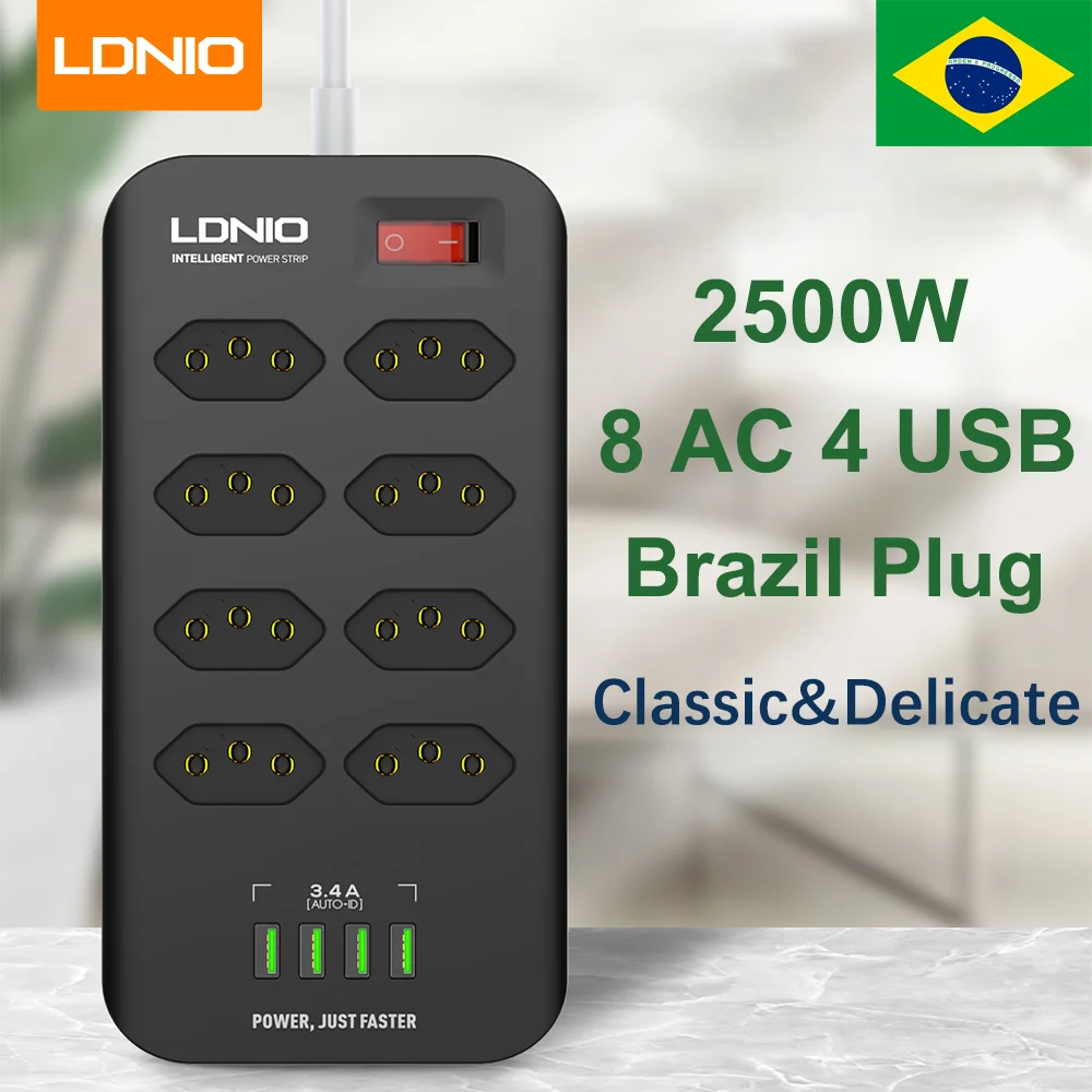 LDNIO 2500W Brasil Power Strip 2 Meter Extension Cord Power Socket ...