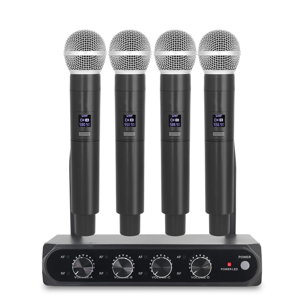 Professional Wireless Microphone UHF 4 Channel Fixed Frequency Handheld ...