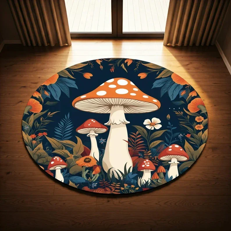 Enchanting Mushroom Round Floor Mat - Big Mushrooms & Lush Foliage on ...